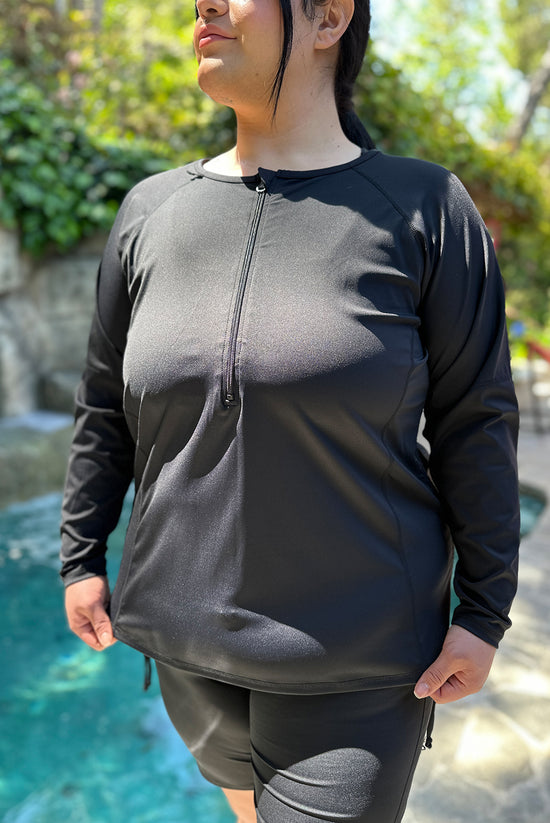 Plus Size Long Sleeve Swim Rash Guard - Black Sand – Superfit Hero